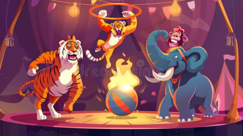 A Circus Invitation Flyer with Tiger Jumping through Fire Ring, Monkey ...