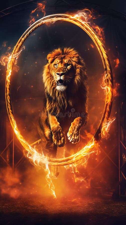 A Circus Lion Jumps through a Burning Ring Stock Illustration ...