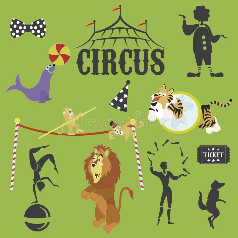 Circus Performance Decorative Icons Set with Athlete Animals Magician ...