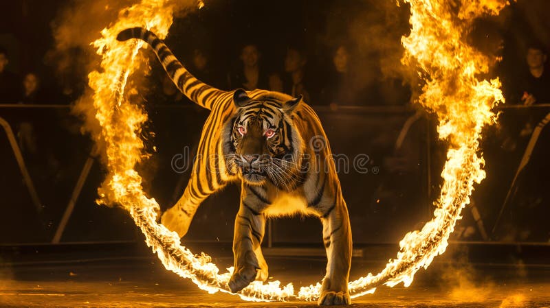 Circus Robotic Tiger Performs in Circus Jumping through Rings of Fire ...