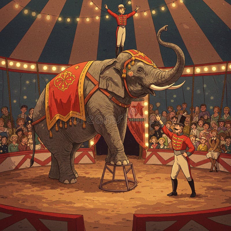 A Circus Scene Features an Elephant Standing on a Small Stool, Adorned ...