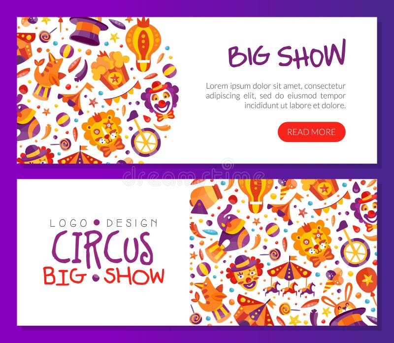 Circus Show Banner Design with Fairground Amusement Object Vector ...