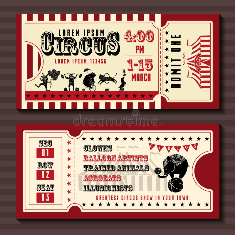 Circus Show Horizontal Tickets Front and Back Side Templates Stock ...