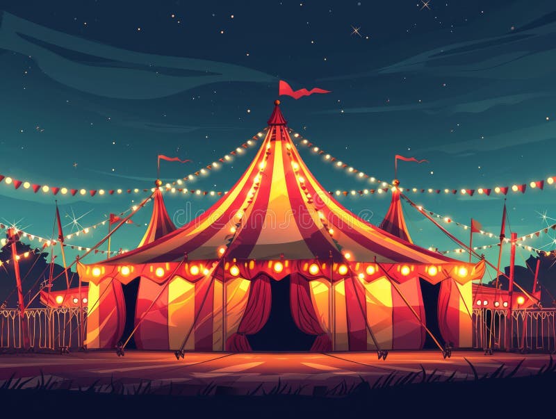 Circus Tent at Night. Illustration in Flat Cartoon Style Stock ...
