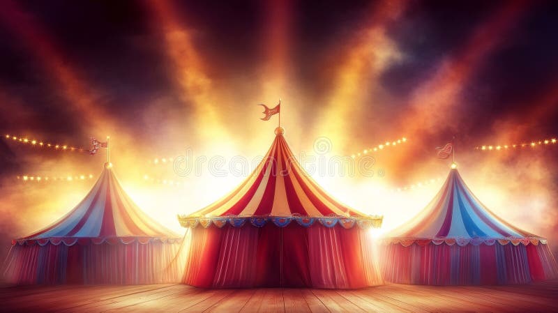 Circus Tents Under Dramatic Stage Lights, Nighttime Magical Performance ...
