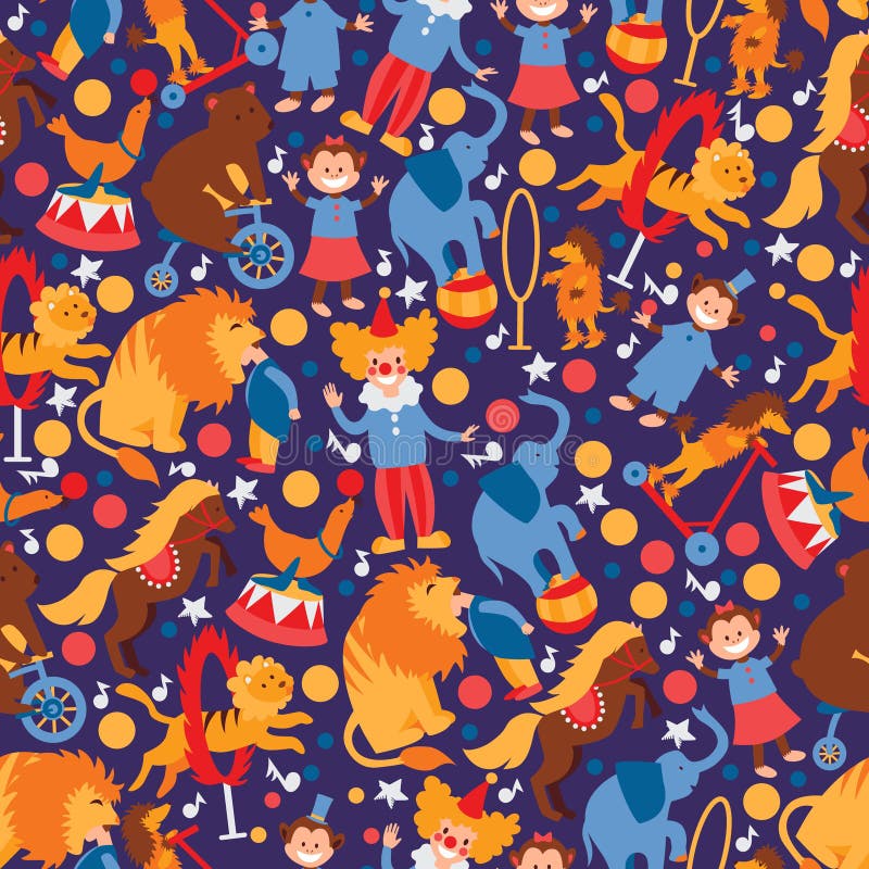 Circus Trained Animals and Clown Seamless Pattern Vector Illustration ...