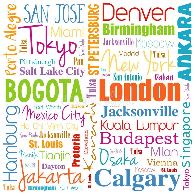 Cities in the World Word Cloud Collage Stock Illustration ...