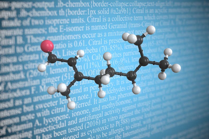 Citral Scientific Molecular Model, 3D Rendering Stock Illustration ...