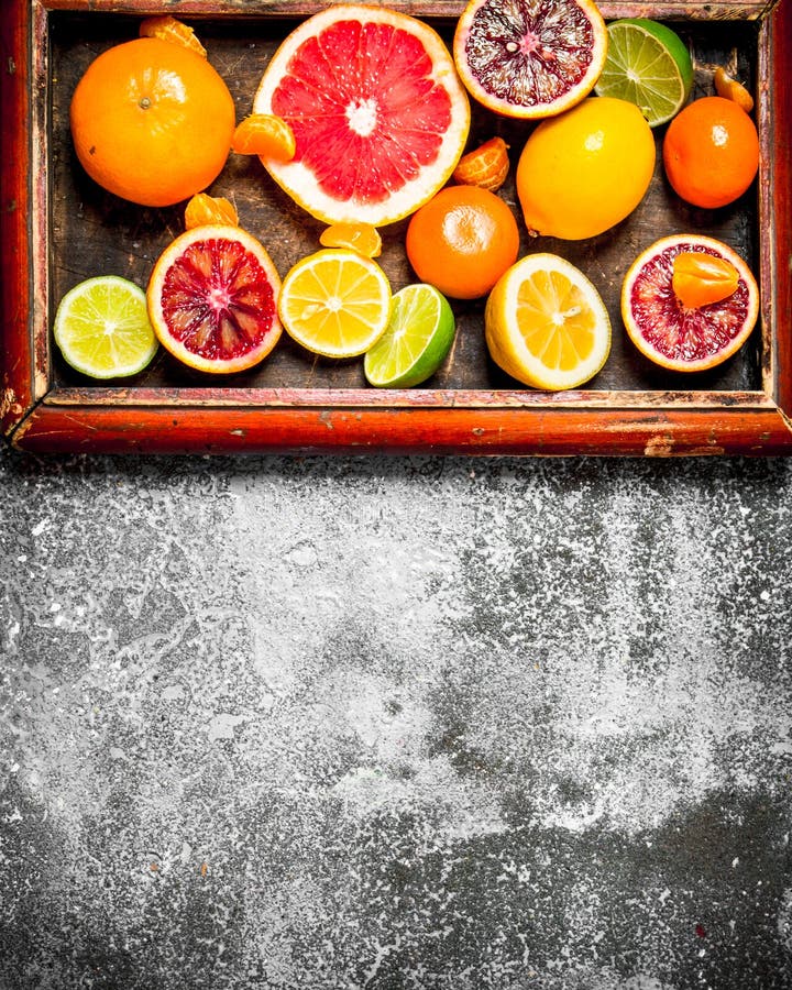 Citrus Background. Citrus Fruits in the Old Tray Stock Photo - Image of ...