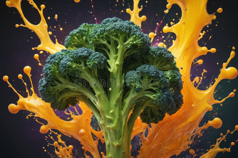 Citrus Burst: Broccoli with an Orange Liquid Splash Stock Image - Image ...