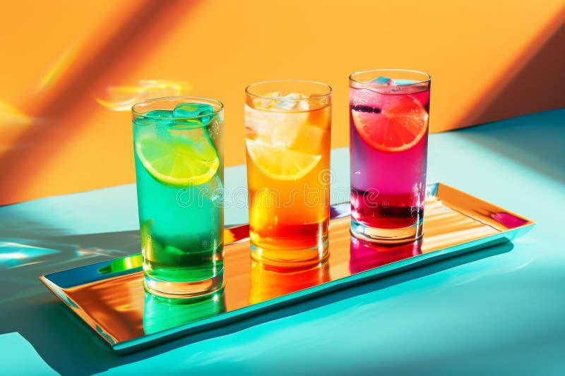Citrus Drinks Presentation. Three Vibrant Cocktails on a Tray Stock ...