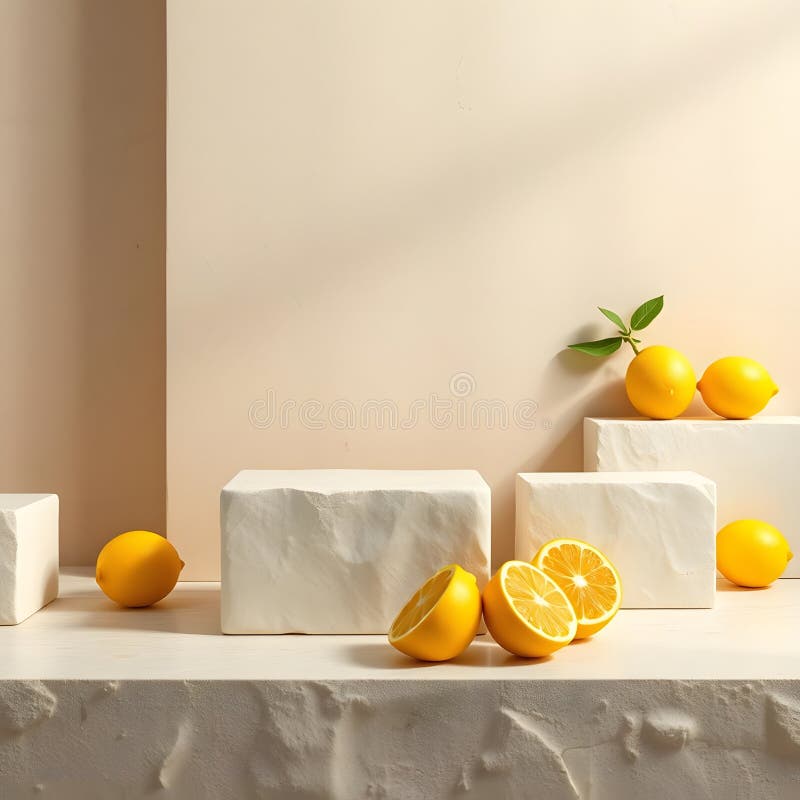 Citrus Elegance: Stone Blocks and Fresh Lemons in a Soft Pastel ...