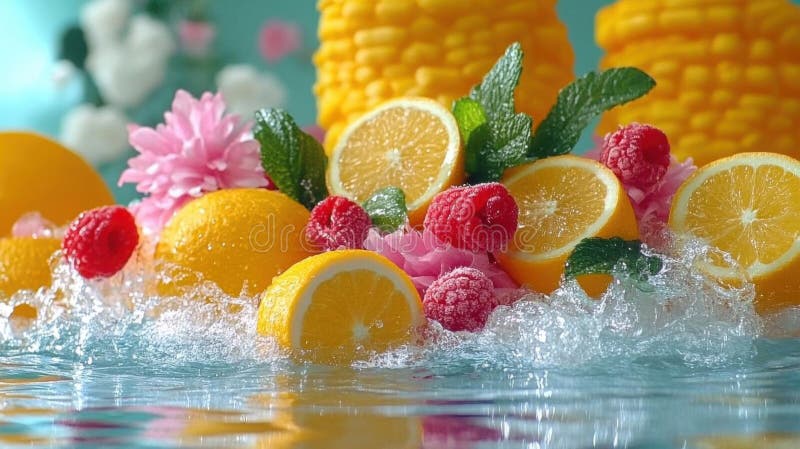 Citrus Fruit & Berries in Water Stock Illustration - Illustration of ...