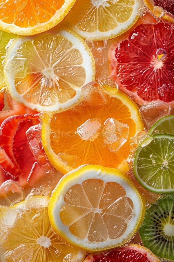 Citrus Fruit Slices and Ice are Shown in Water with Bubbles Creating a ...