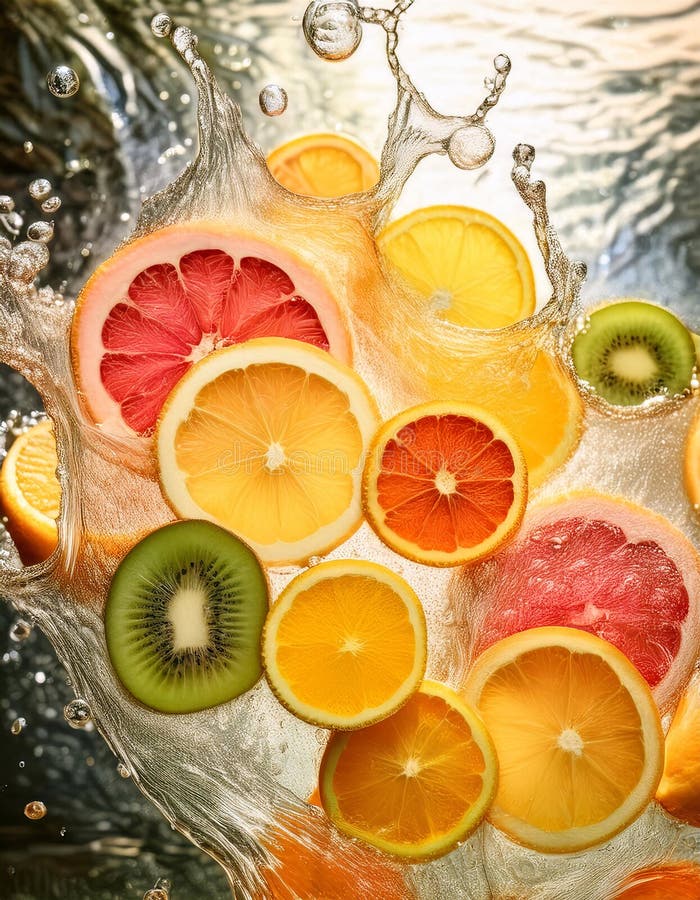 Citrus Fruit Slices and Raspberries Floating in Water Stock ...