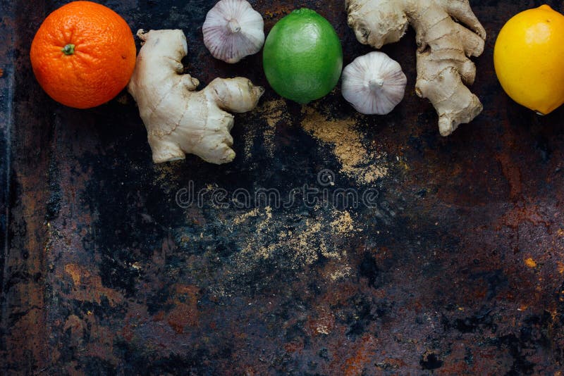 Citrus Fruits with Garlic and Ginger. Frame Border. Stock Image - Image ...