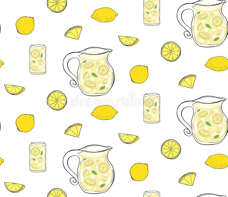 Citrus Fruits Lemonade Seamless Pattern. Vector Graphic Line Ink Illustration for Package ...