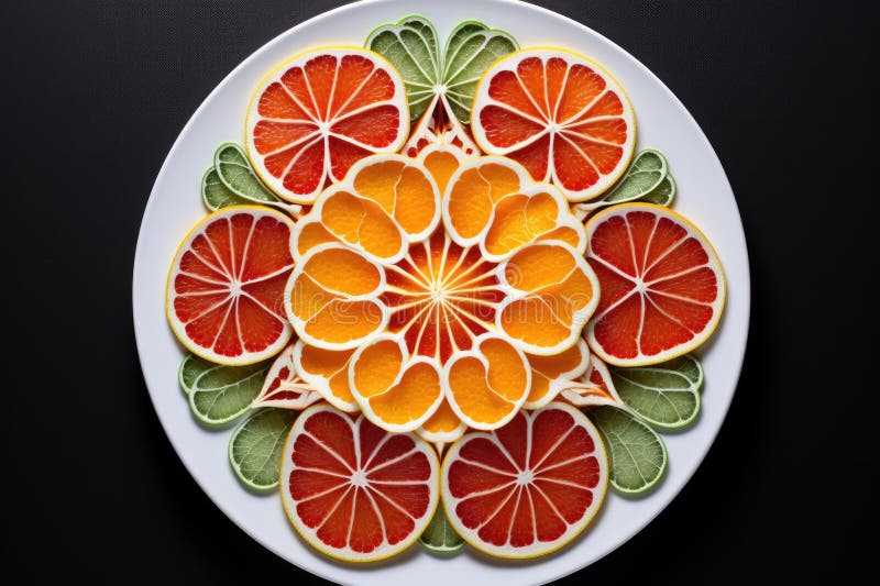 Citrus Fruits Sliced into Creative Geometric Patterns on a White Plate ...