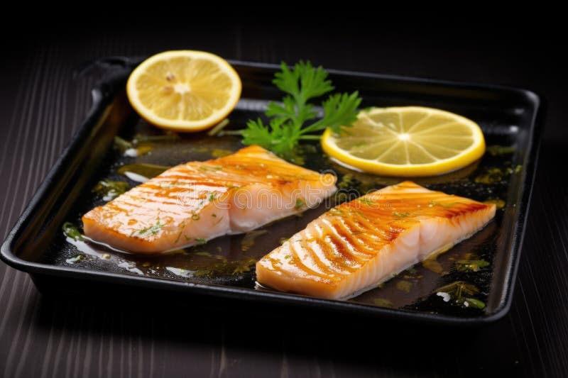 Citrus-glazed Fish Steaks on a Black Square Plate Stock Image - Image ...