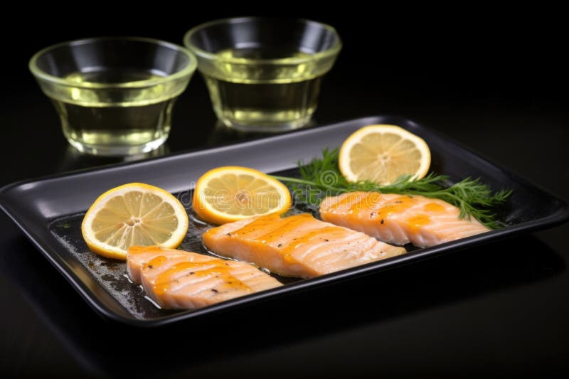Citrus-glazed Fish Steaks on a Black Square Plate Stock Photo - Image ...