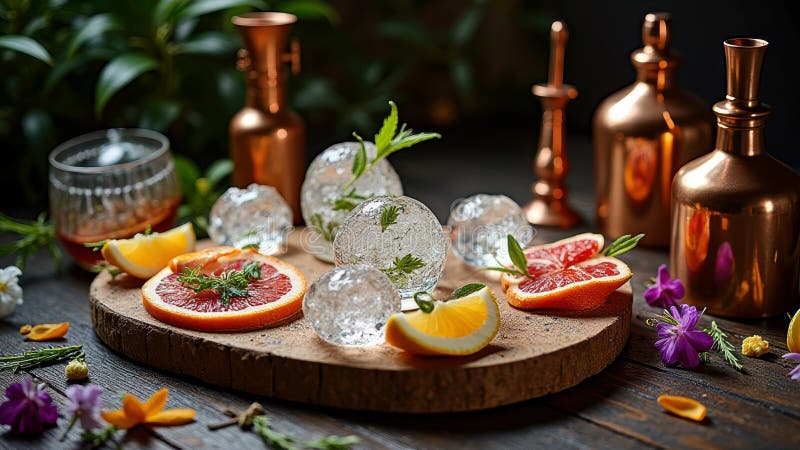 Citrus and Herb Infused Drinks with Ice Spheres on Wooden Serving Board ...