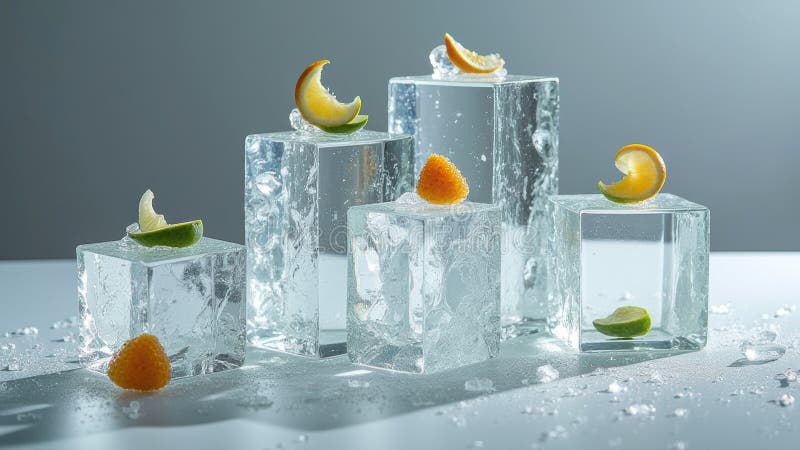 Citrus and Ice Cubes Display with Orange Slices and Lime on Glass ...