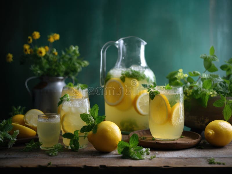 Citrus Lemonade Water with Lemon Sliced on the Table. Generative AI ...