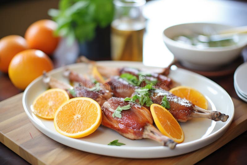 Citrus Marinated Duck Legs beside Fresh Oranges Stock Illustration ...