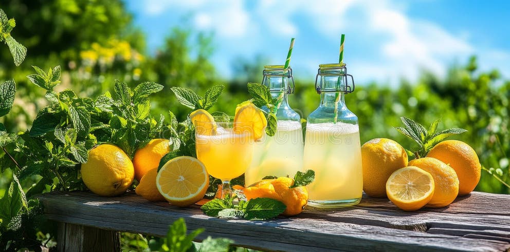 Citrus and Mint Flavored Drinks that are Refreshing are Placed on a Table Made of Rustic Wood ...