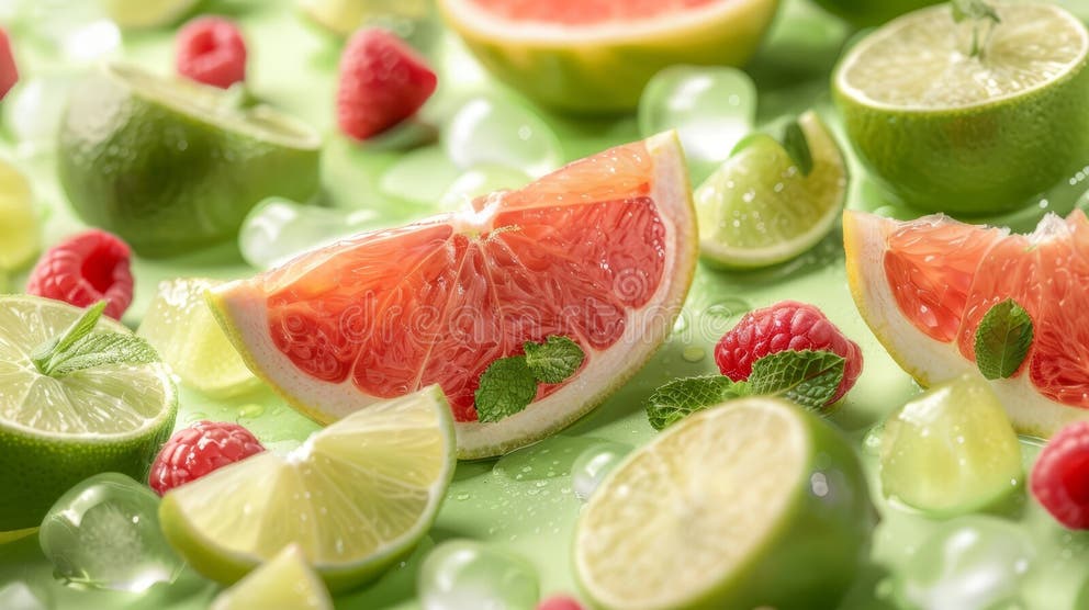 Refreshing Citrus Mix: Grapefruit, Limes, and Raspberries with Ice ...