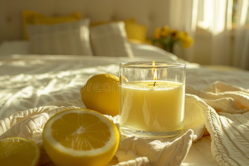 Citrus Scented Candle in Bedroom. Generative AI Stock Image - Image of ...
