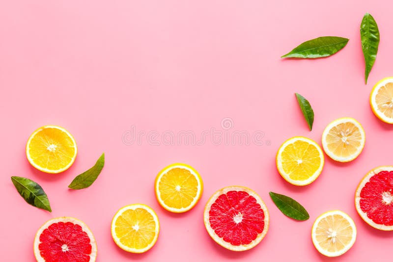 Citrus Slices Frame - Lemons, Grapefruits, Leaves - on Pink Background ...