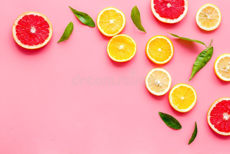 Citrus Slices Frame - Lemons, Grapefruits, Leaves - on Pink Background ...