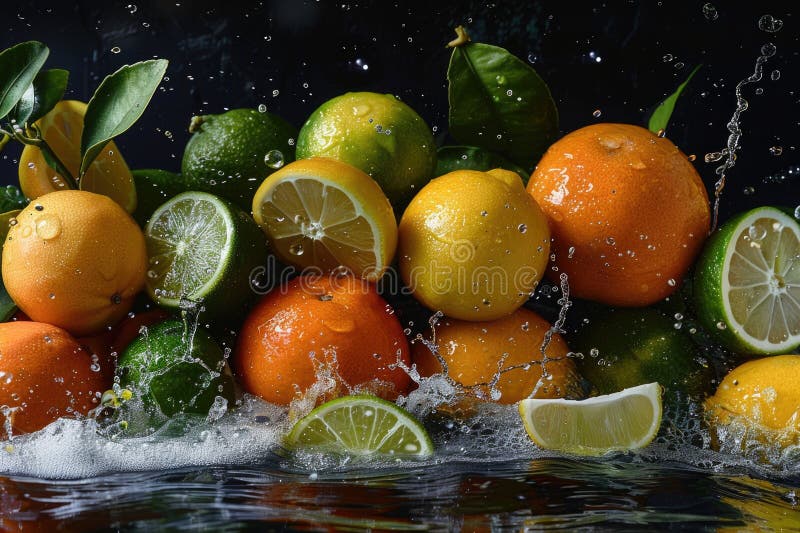 Citrus Splash: Fresh Oranges, Lemons, and Limes in Sparkling Water ...