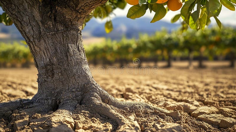 A Citrus Tree with Dry, Cracked Soil Around Its Roots, with the Orchard ...