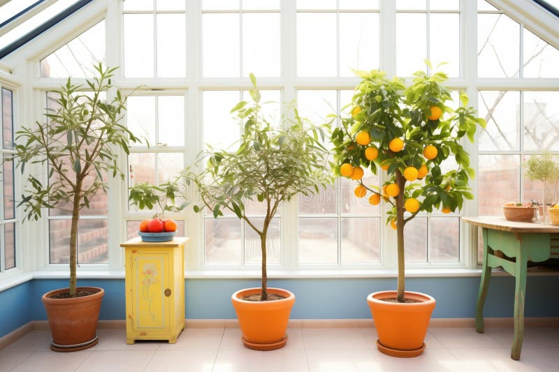 Citrus Trees in Pots Inside a Sunny Conservatory Stock Illustration ...