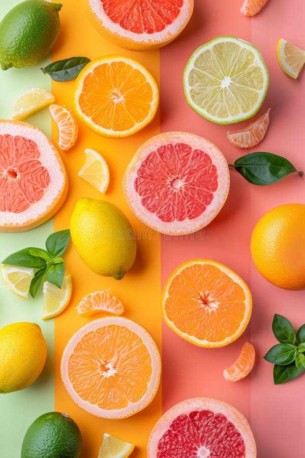 Citruses and Grapefruits Cut and Assembled on a Multicolored Background ...