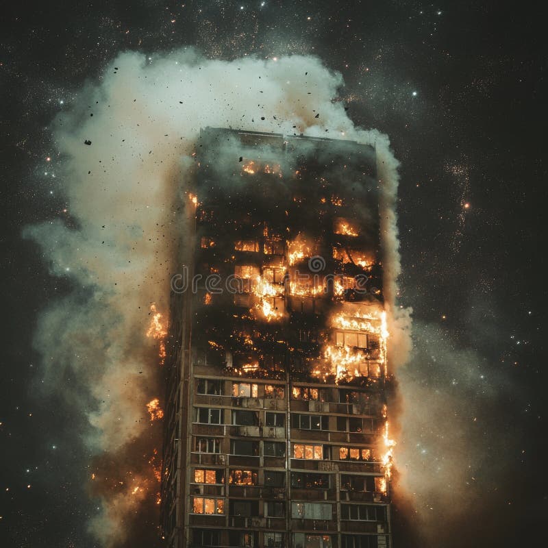 A City Apartment Building on Fire, Flames Bursting through the Windows ...