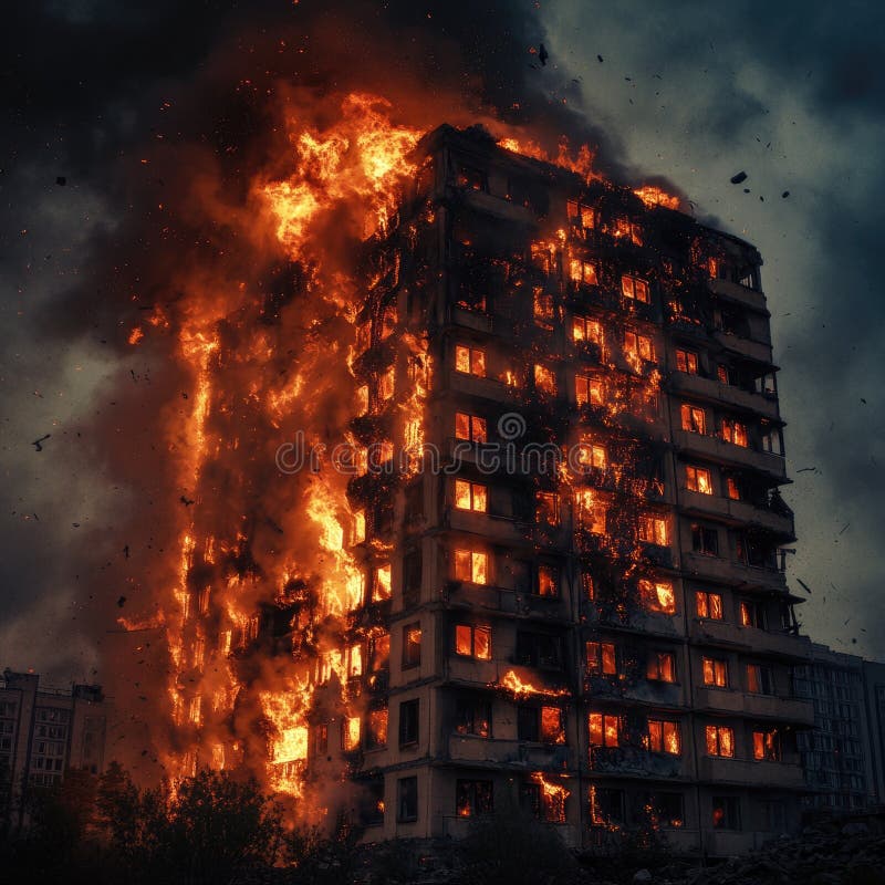 A City Apartment Building on Fire, Flames Bursting through the Windows ...