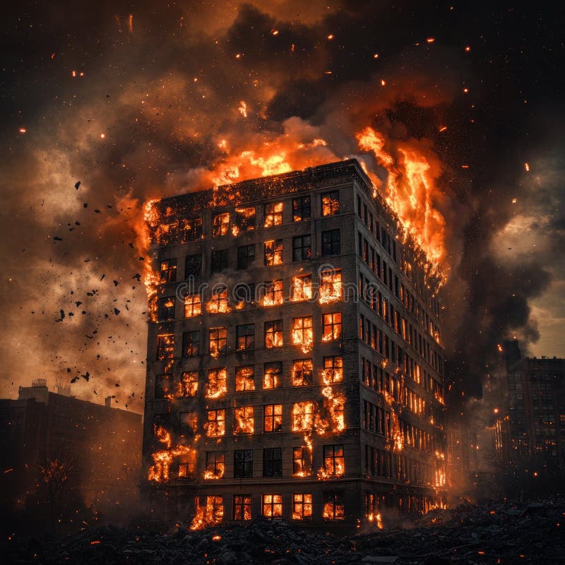 A City Apartment Building on Fire, Flames Bursting through the Windows ...