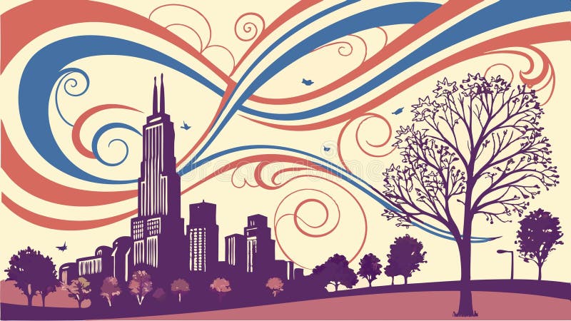 City Architecture with a Tree and Graceful Abstract Swirls Vector ...