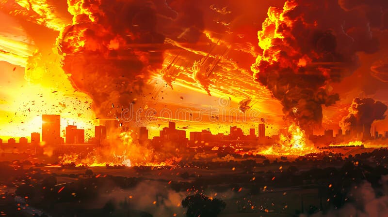 A City is Being Destroyed by a Large Fireball Stock Photo - Image of ...
