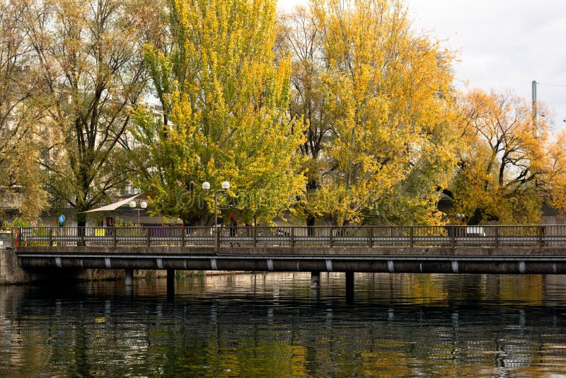 City Bridge with Autumn Trees and Lake Editorial Stock Image - Image of ...