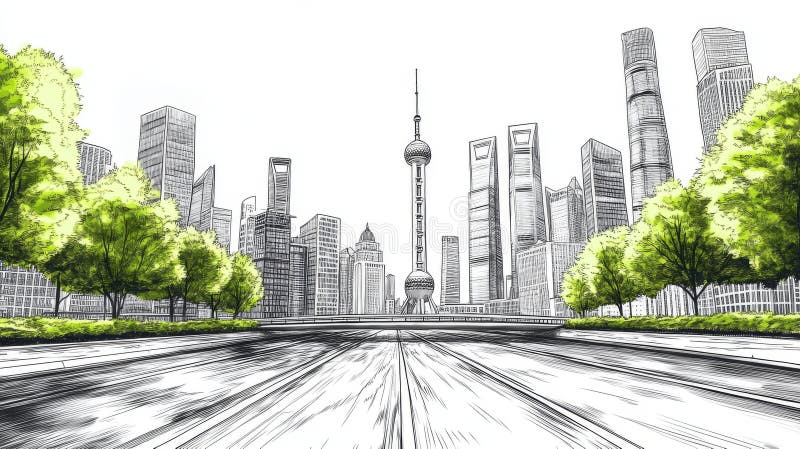 City Bridge Drawing Featuring a Park, River, and Urban Design in the ...