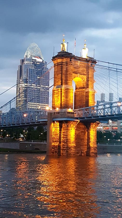 City Bridge Lights Reflect on River Editorial Photo - Image of clouds ...
