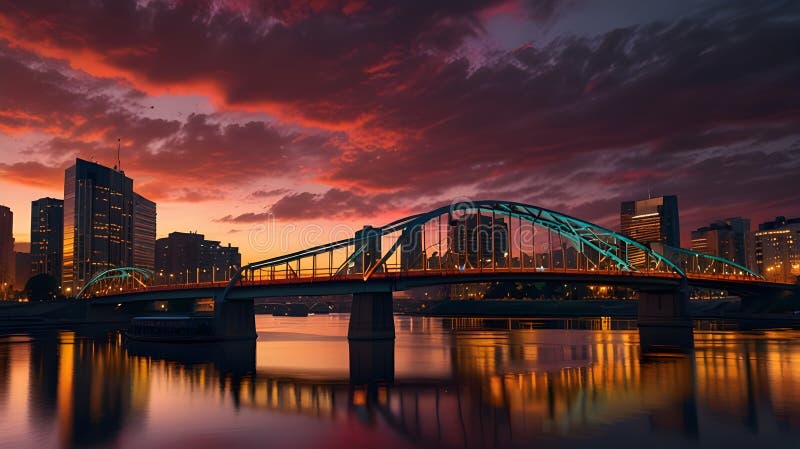 A City Bridge Reflecting the Colors of a Dramatic Sunset Stock ...