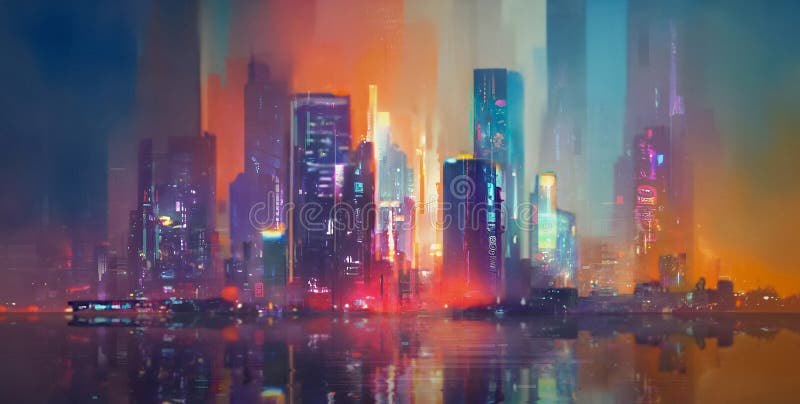 City with Bright Lights and Water Reflection Stock Illustration ...