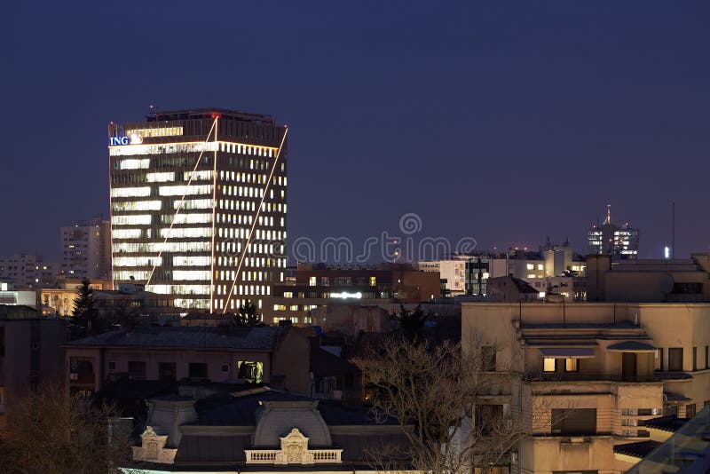 City of Bucharest at night editorial photo. Image of skyscraper - 82709221