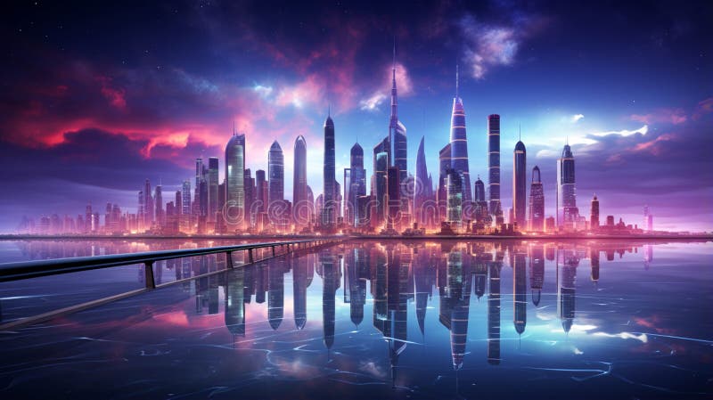 City Building at Night with Neon Lights Stock Image - Image of building ...