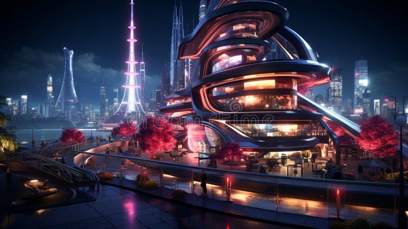 City Building at Night with Neon Lights Stock Photo - Image of ...